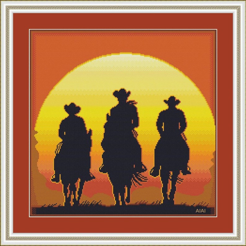 Cross Stitch Pattern Western Stockman Cowboy Silhouette Riders Horse ...