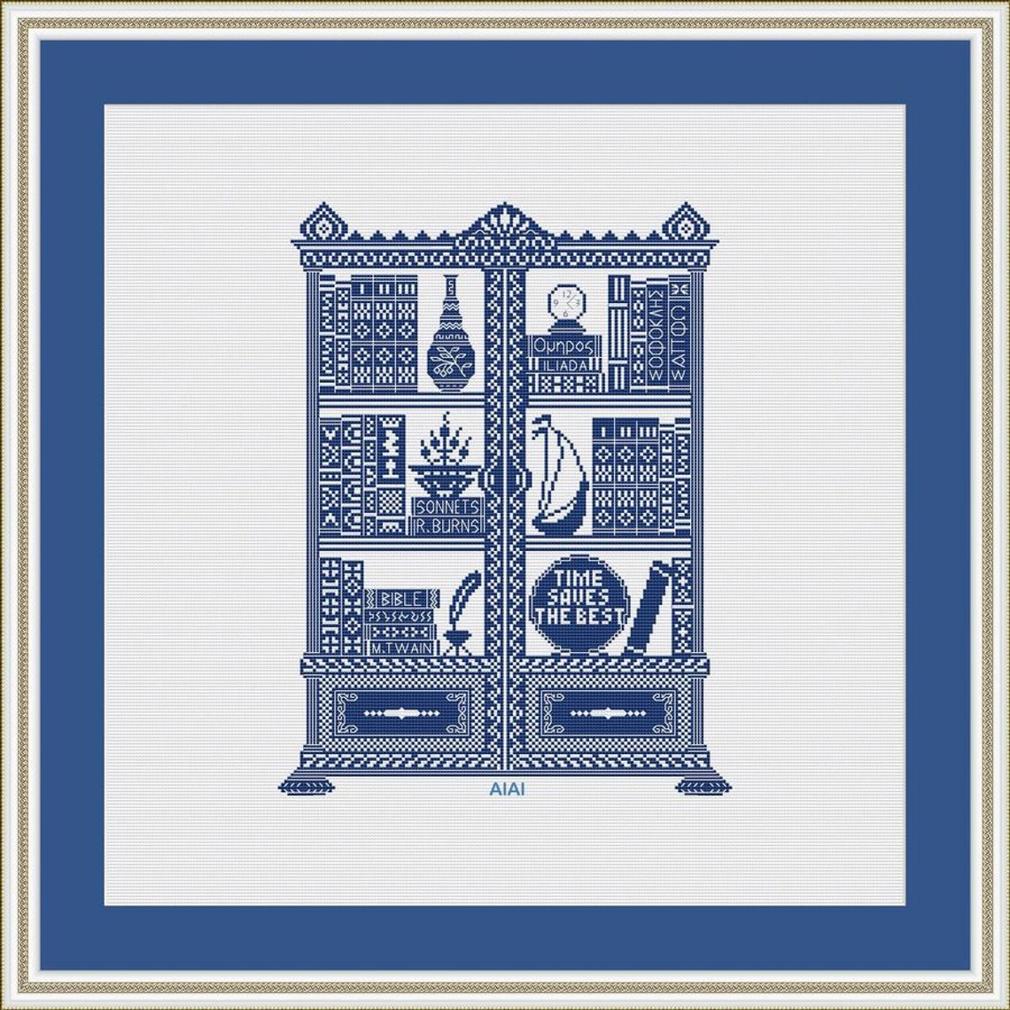 Cross Stitch Pattern Bookcase Book Silhouette Ornament Library Books ...