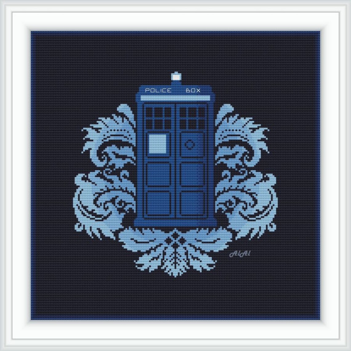 Cross Stitch Pattern Doctor Who Tardis Police Box Floral Ornament Blue ...