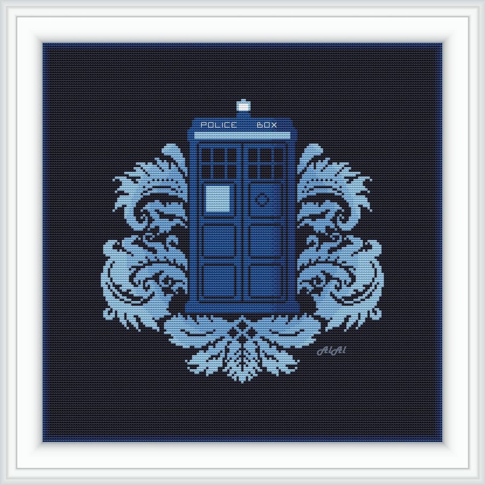 Cross Stitch Pattern Doctor Who Tardis Police Box Floral Ornament Blue ...