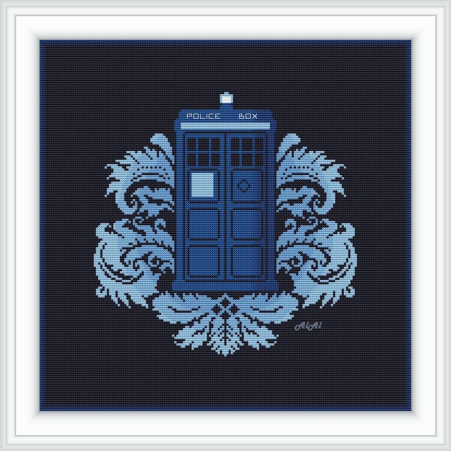 Cross Stitch Pattern Doctor Who Tardis Police Box Floral Ornament Blue ...