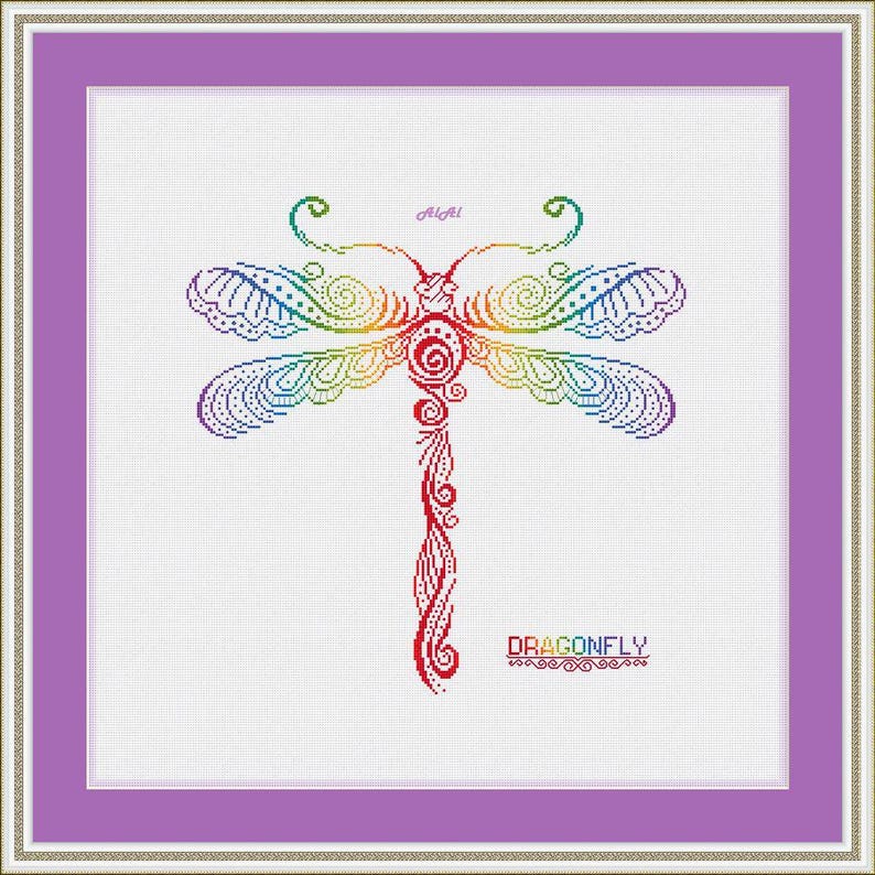 Cross Stitch Pattern Insect Dragonfly Silhouette Openwork Rainbow ...