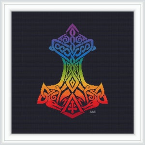 Cross Stitch Pattern Hammer Thor Mjolnir Celtic Knot Ornament Rainbow ...