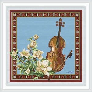 Cross Stitch Pattern Music Violin Bow Magnolia Flowers Frame Musical ...