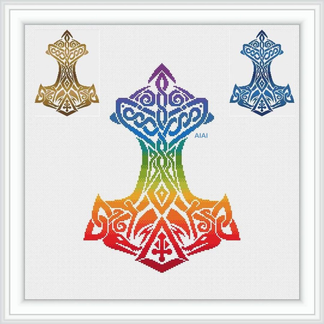 Cross Stitch Pattern Hammer Thor Mjolnir Celtic Knot Ornament Rainbow ...