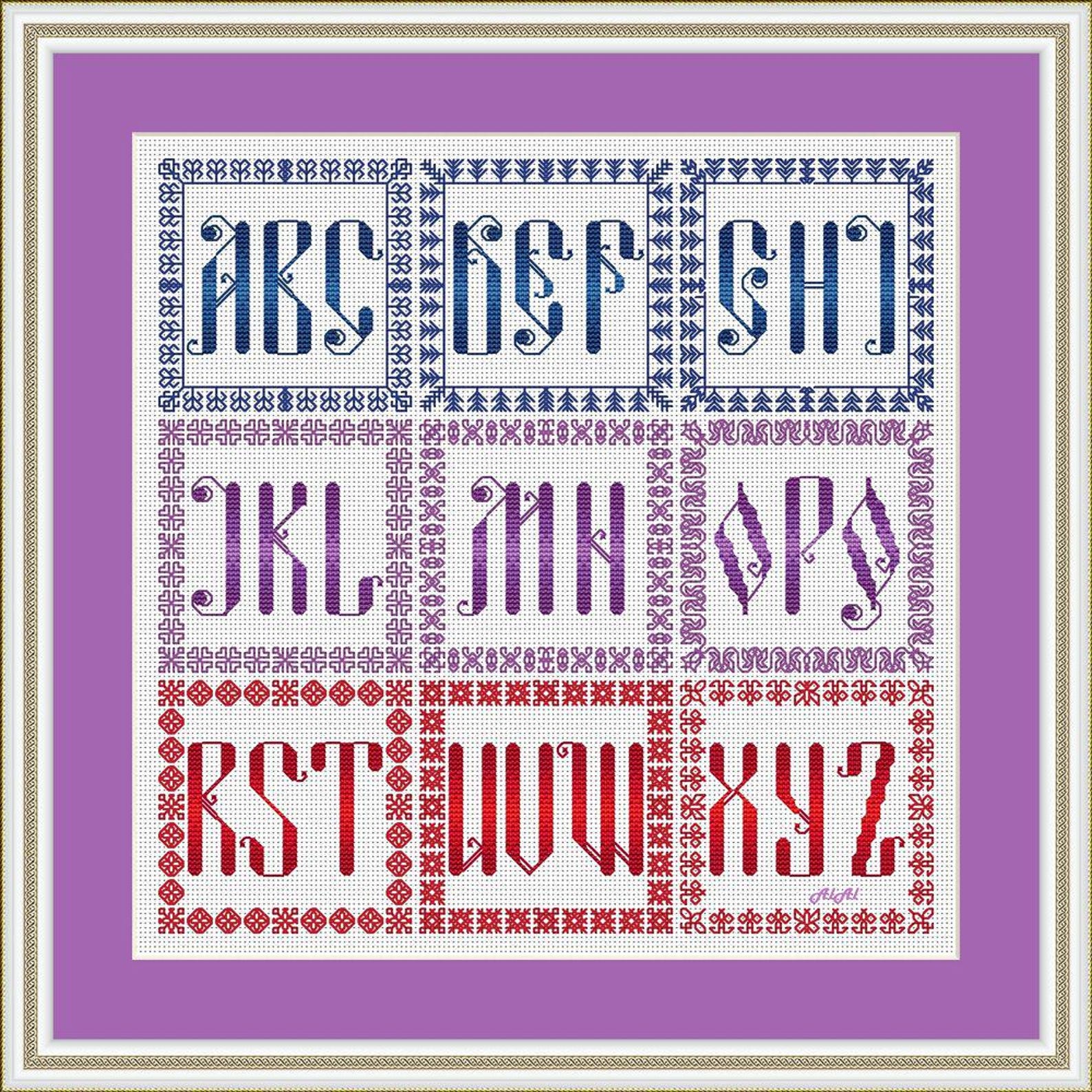 Cross Stitch Pattern Old English Alphabet Letters Blackwork Sampler ...