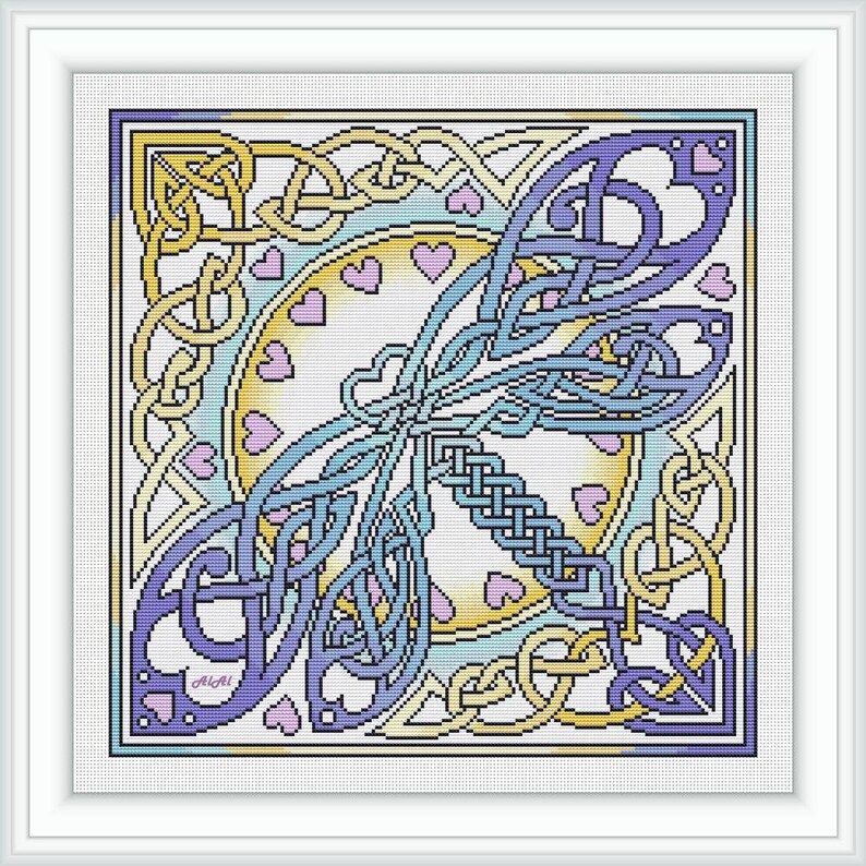 Cross Stitch Pattern Panel Insect Dragonfly Silhouette Celtic Knot Ornament Heart Colorful Wings ...