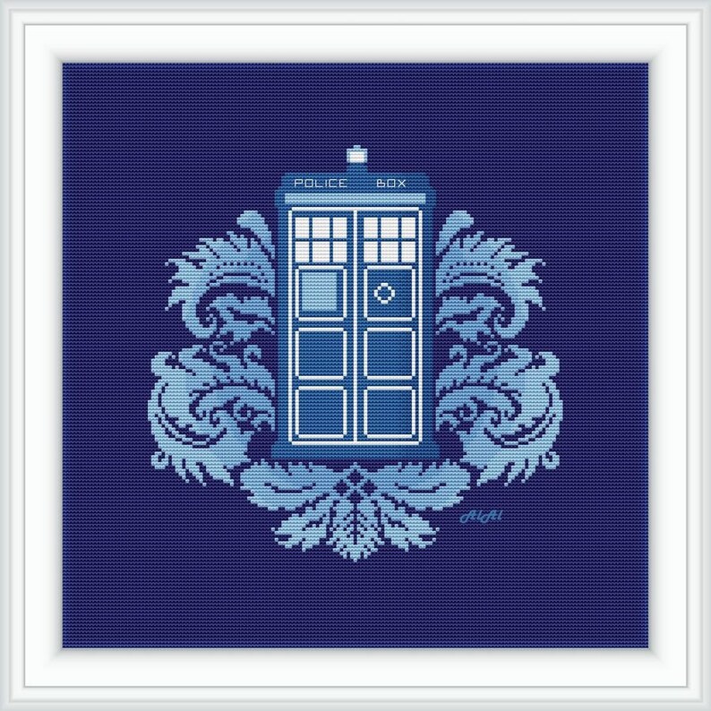 Cross Stitch Pattern Doctor Who Tardis Police Box Floral Ornament Blue ...