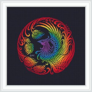 Cross Stitch Pattern Bird Phoenix Silhouette Ornament Wings Rainbow ...