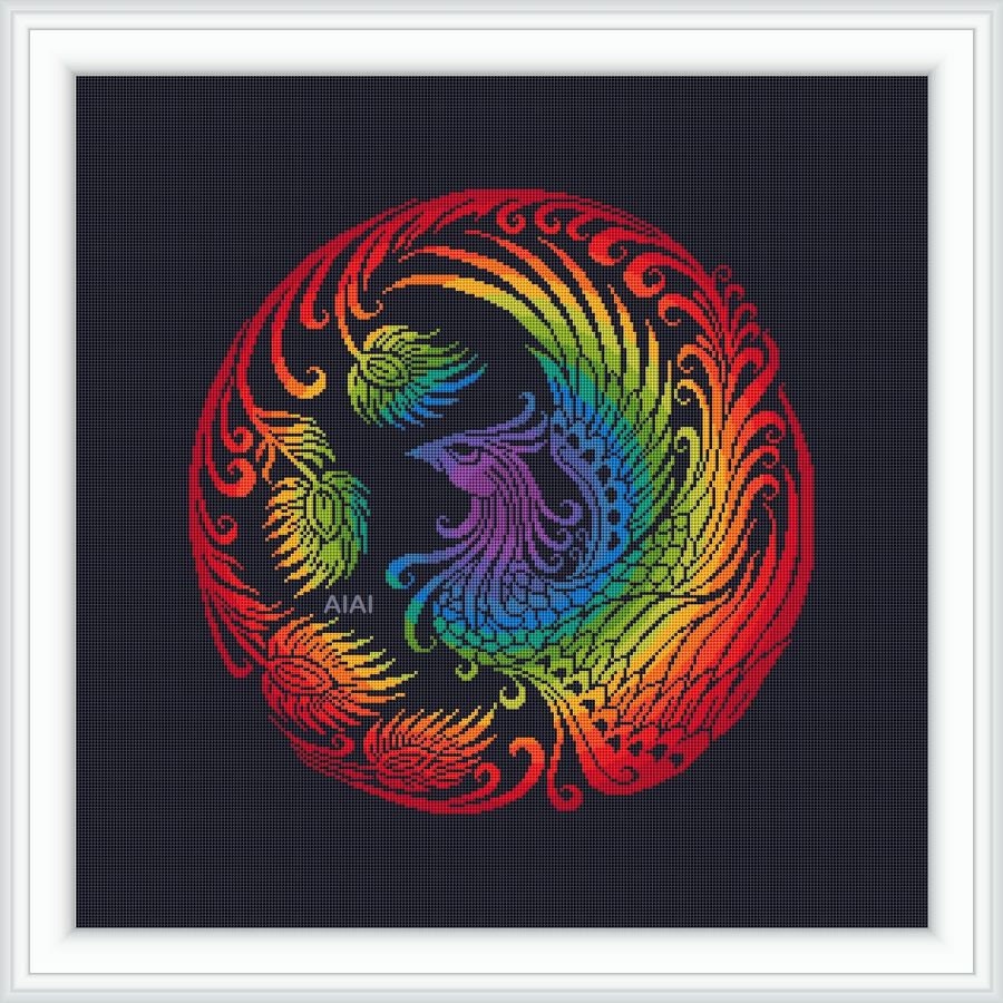 Cross Stitch Pattern Bird Phoenix Silhouette Ornament Wings Rainbow ...