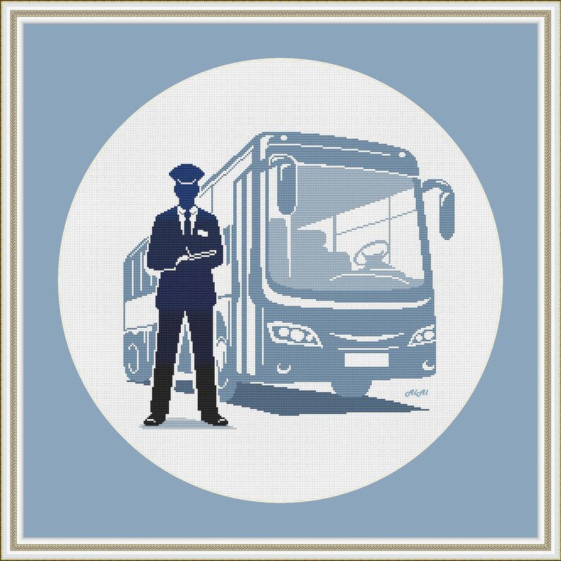 Cross Stitch Pattern Busman Bus Driver Silhouette Monochrome Blue ...