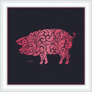 Cross Stitch Pattern Pig Silhouette Floral Ornament Monochrome Pink ...