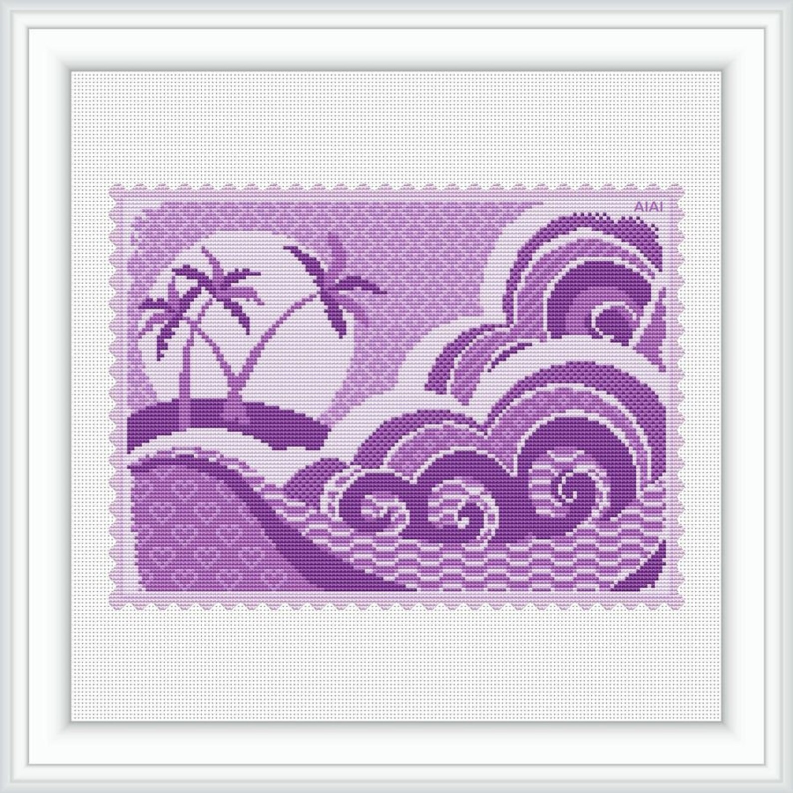 Cross Stitch Pattern Vintage Postage Stamp Sea Waves Palm Island ...