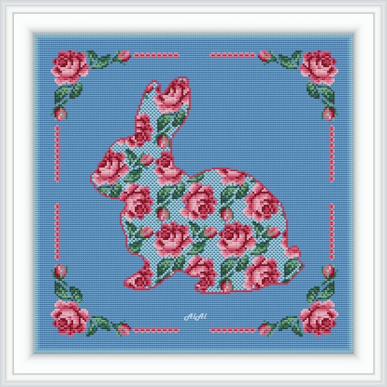 Cross Stitch Pattern Panel Silhouette Rabbit Roses Floral Ornament Flowers Animal Bunny Hare ...