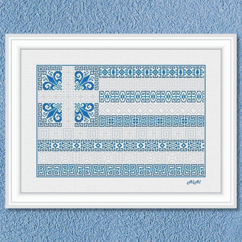 Cross Stitch Pattern National Flag Greece Sampler Greek Ornament ...