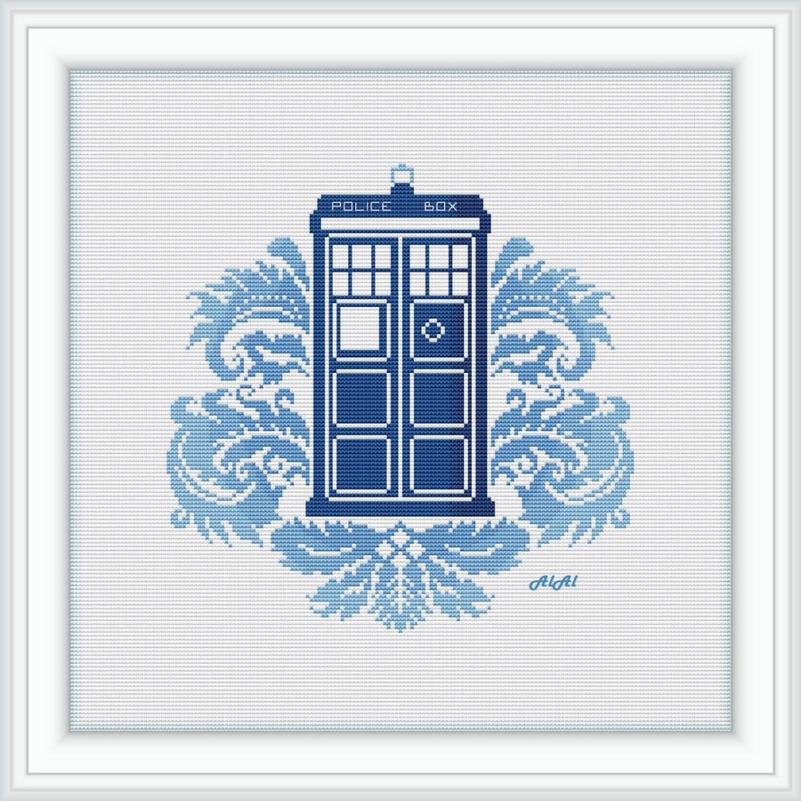 Cross Stitch Pattern Doctor Who Tardis Police Box Floral Ornament Blue ...