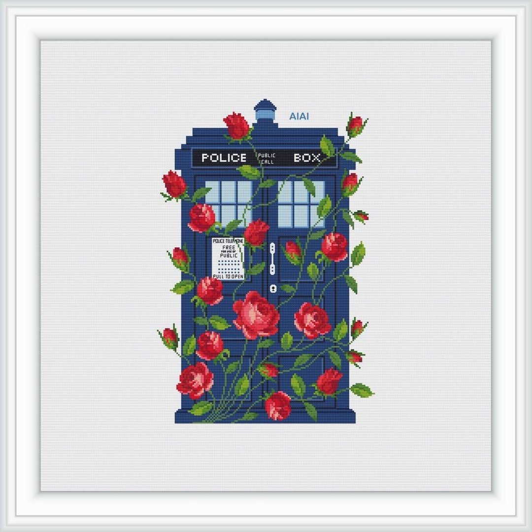 Cross Stitch Pattern Police Box Tardis Doctor Who Roses Flowers ...