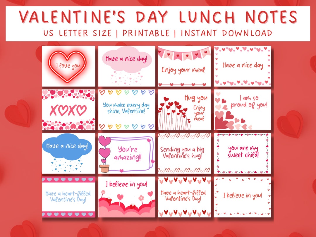 Kids Valentine's Day Lunch Notes, Printable Valentine's Day Lunch Notes ...
