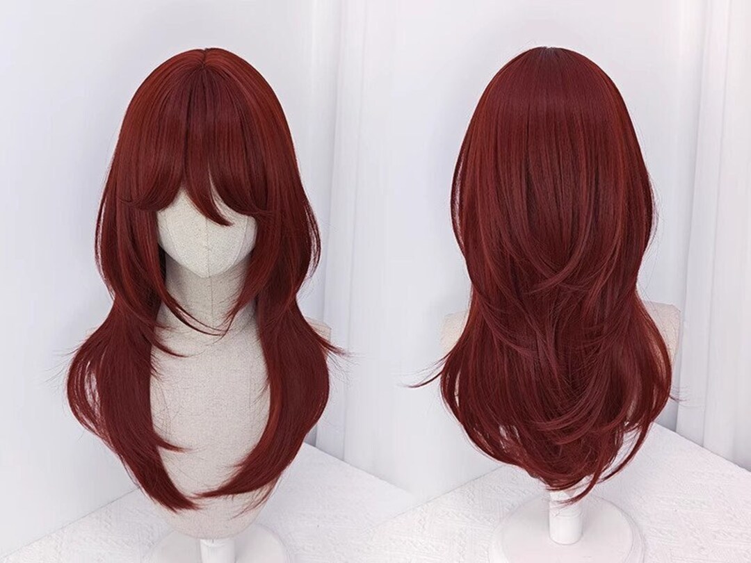 Y2K Layered Women Wig, Burgundy Cool Girl Wig, Wig With Bangs, Slight ...