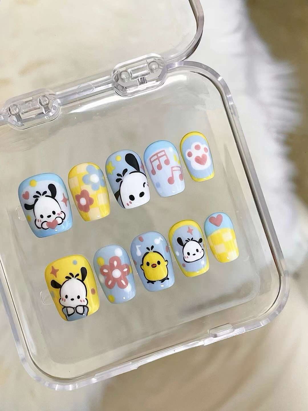 Hand Painted Cute Pochacco Dog Press on Nails, Square Nails, Short ...