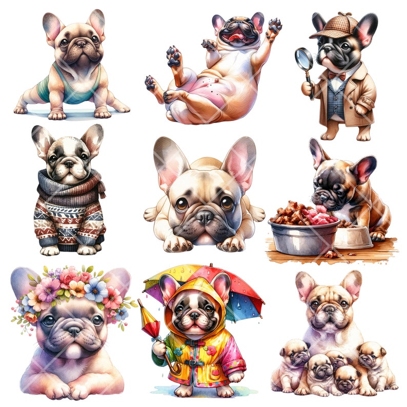 Watercolor French Bulldog Clipart Cute Frenchie Dogs and Puppies for ...