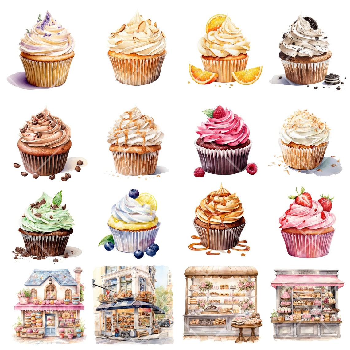 Watercolor Dessert Cupcake Cookies Macaron Clipart Bakery Decor Dessert ...