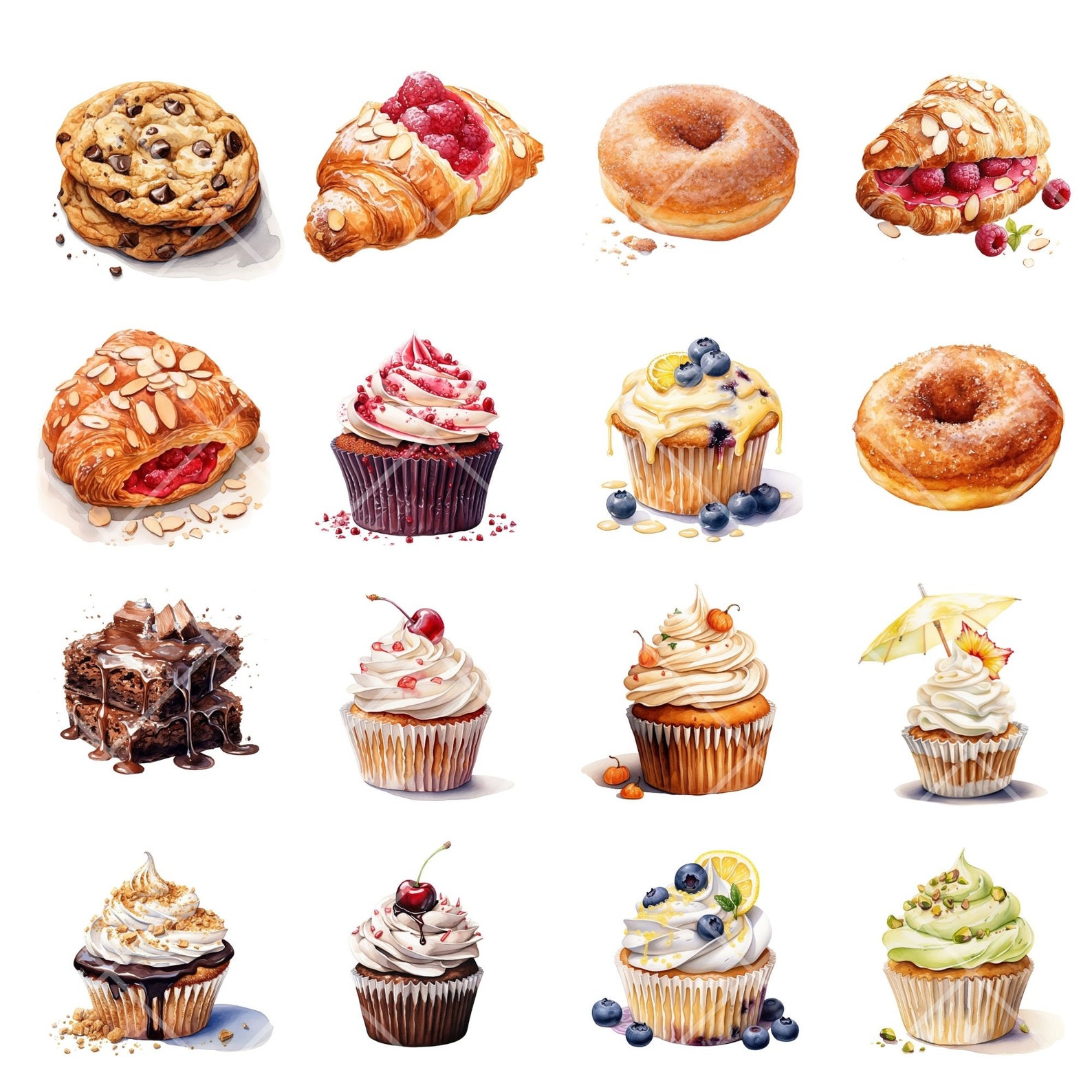 Watercolor Dessert Cupcake Cookies Macaron Clipart Bakery Decor Dessert ...