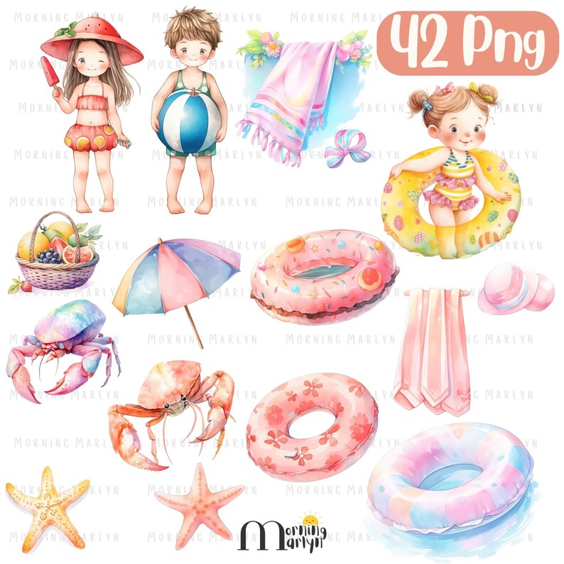 Beach With Kids Watercolor on the Beach Clipart Summer Kids Beach Day ...