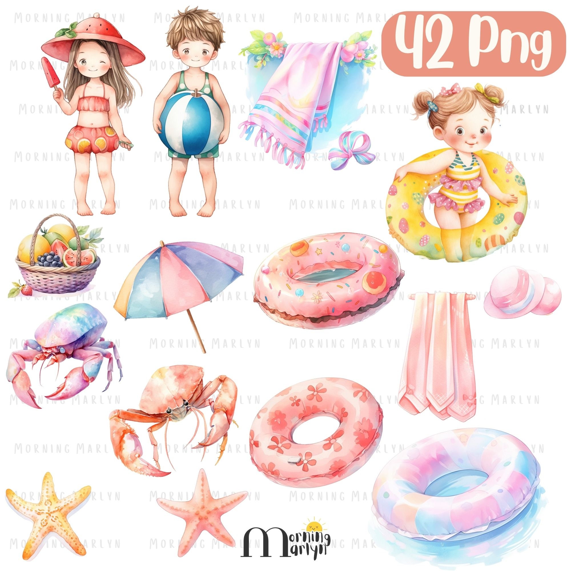 Beach With Kids Watercolor on the Beach Clipart Summer Kids Beach Day ...