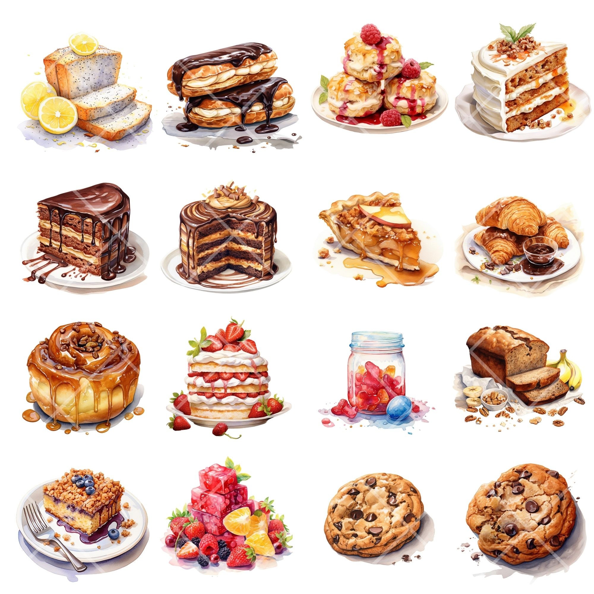 Watercolor Dessert Cupcake Cookies Macaron Clipart Bakery Decor Dessert ...