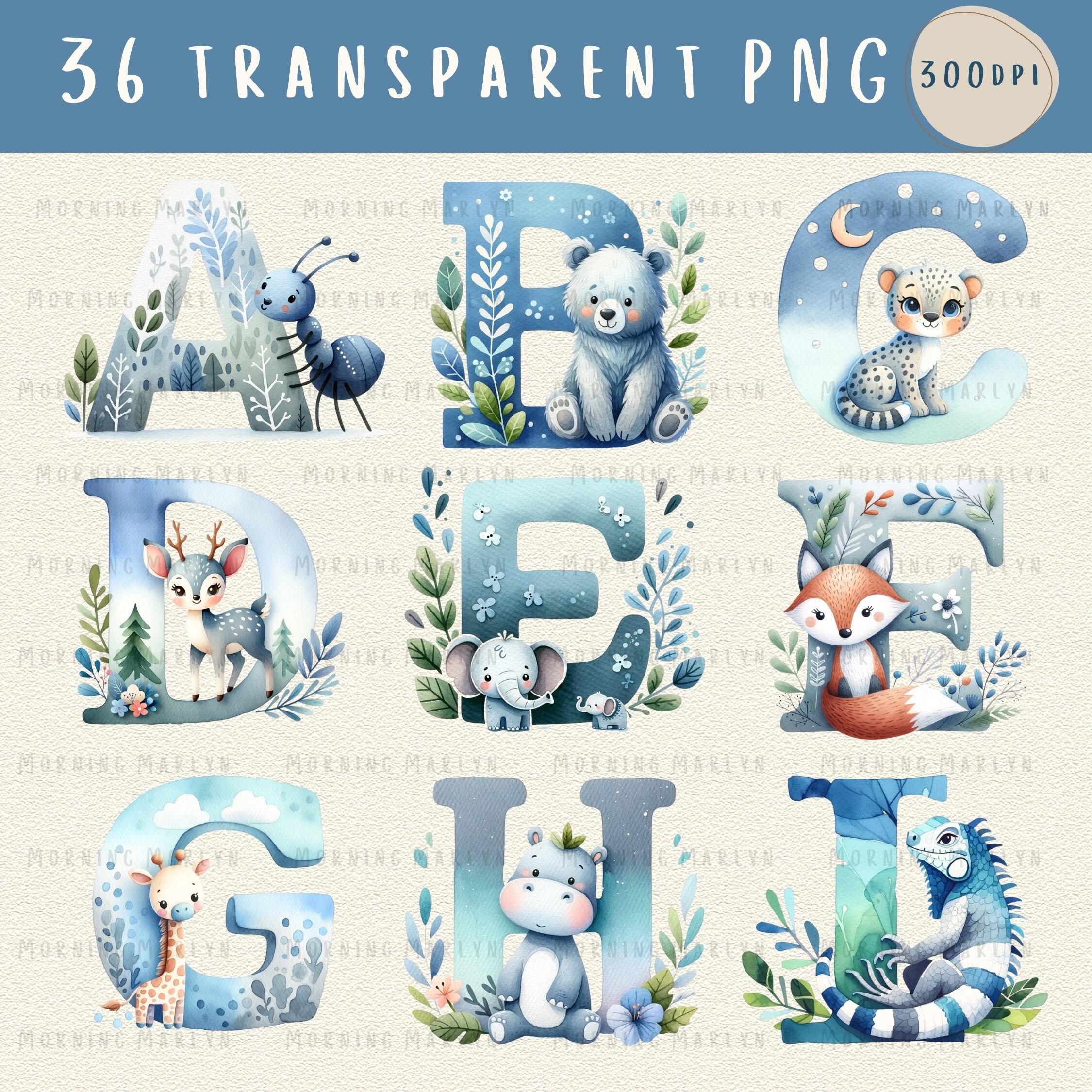 Watercolor Animal Alphabet PNG Cute Animal Alphabet Clipart in Woodland ...