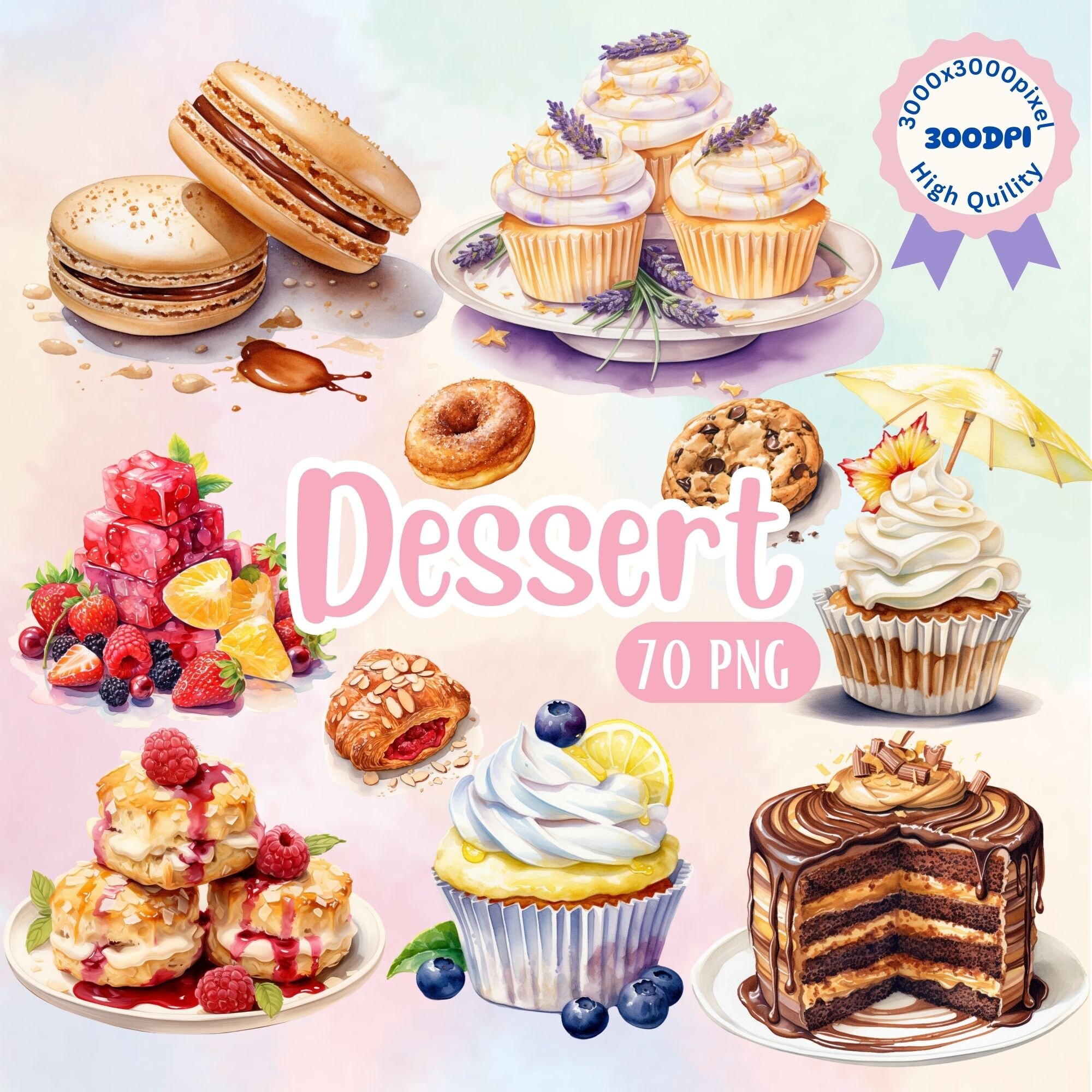 Watercolor Dessert Cupcake Cookies Macaron Clipart Bakery Decor Dessert ...