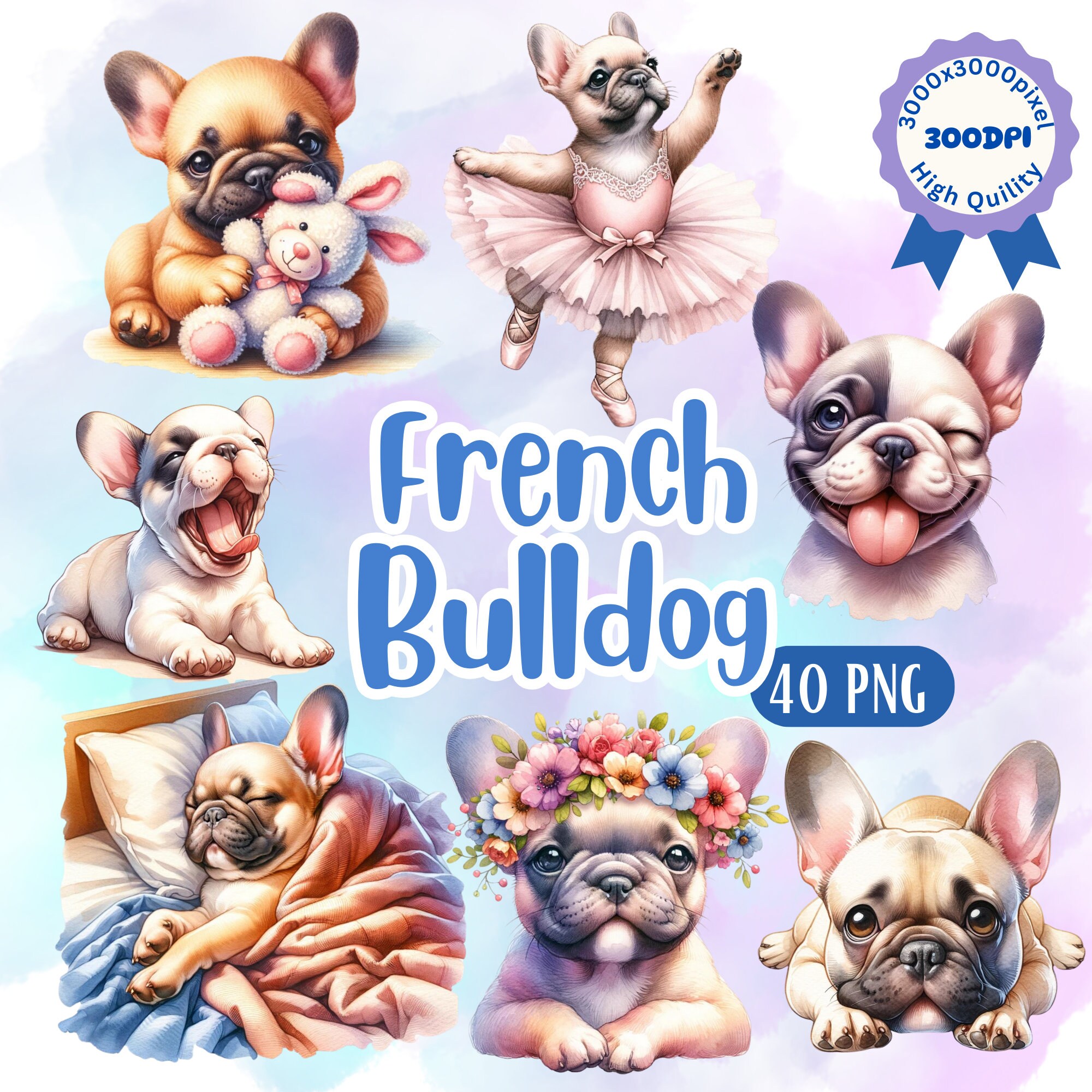 Watercolor French Bulldog Clipart Cute Frenchie Dogs and Puppies for ...