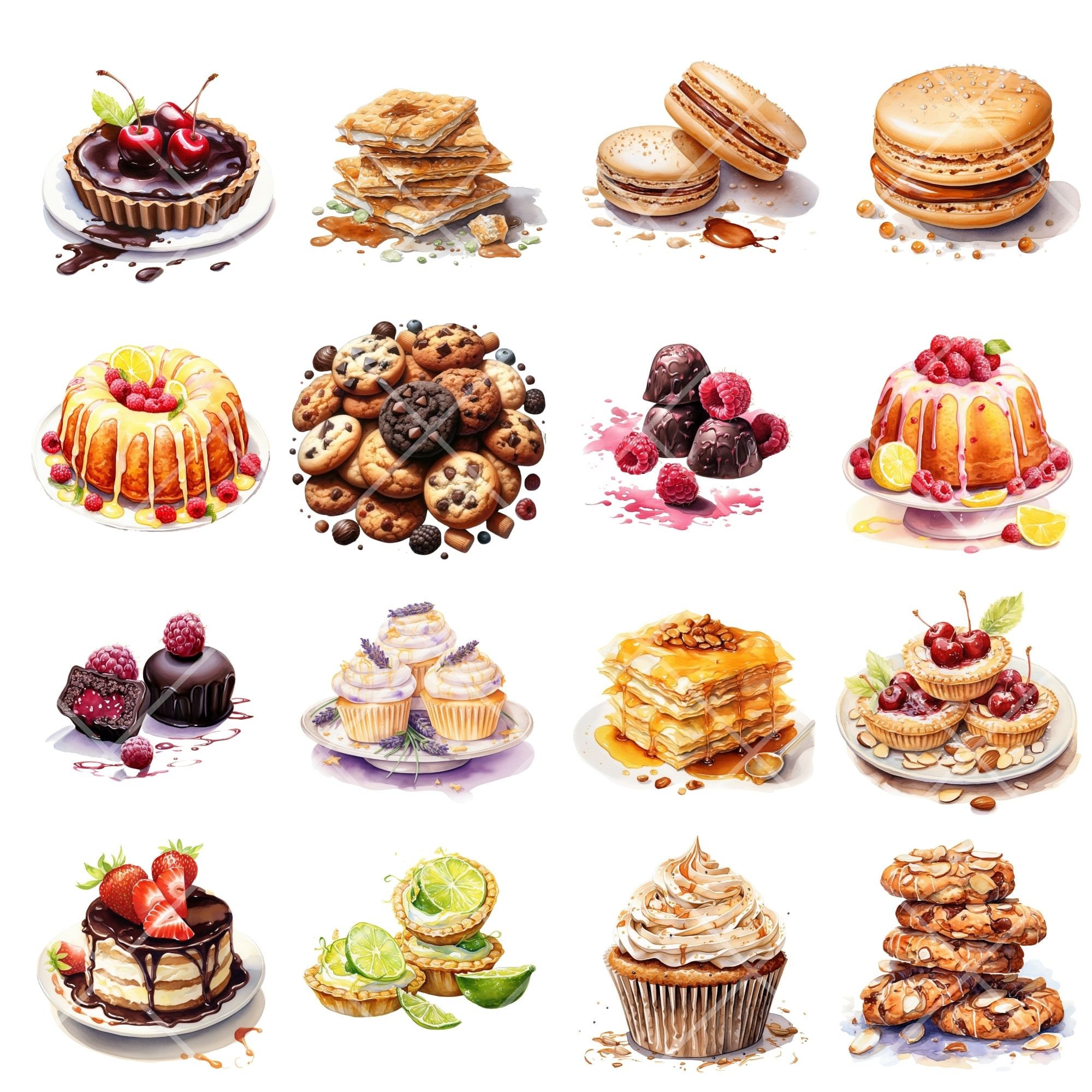 Watercolor Dessert Cupcake Cookies Macaron Clipart Bakery Decor Dessert ...