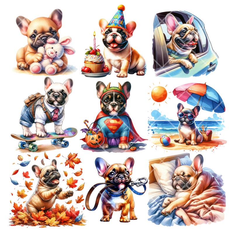 Watercolor French Bulldog Clipart Cute Frenchie Dogs and Puppies for ...