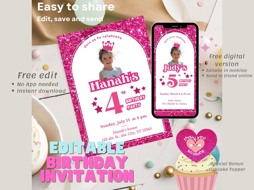 Editable Pink Birthday Invitation Template, Printable Birthday Party ...