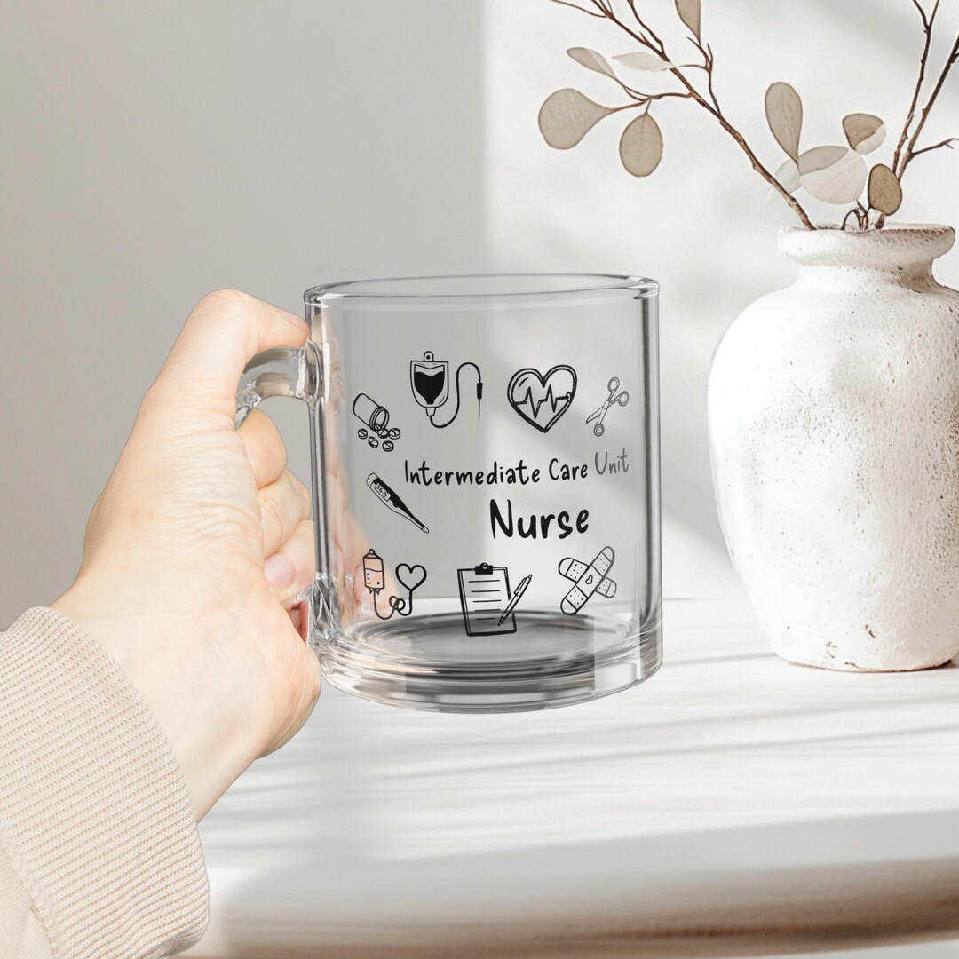 IMC Nurse Clear Glass Mug Trendy Doodle Coffee Cup Intermediate Care RN ...