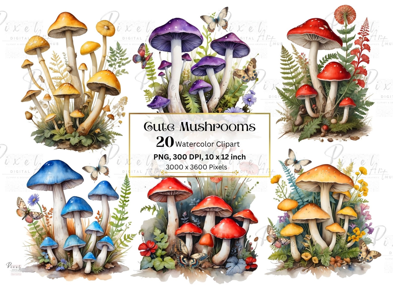 Watercolor Mushroom Clipart, 20 PNG File, Cute Mushrooms Group With ...
