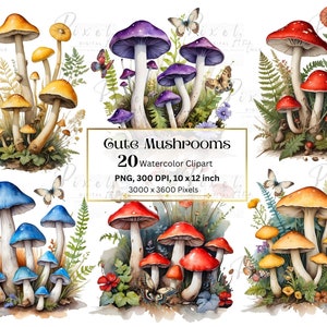 Watercolor Mushroom Clipart, 20 PNG File, Cute Mushrooms Group With ...