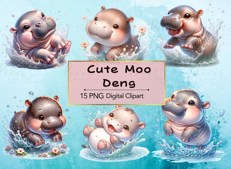 15 Cute Baby Hippo, Cute Moo Deng, Clipart - Watercolor, Pngs, Cartoon ...