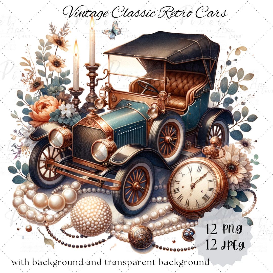 Watercolor Vintage Classic Retro Cars Clipart & Papers, Classic - Cars ...