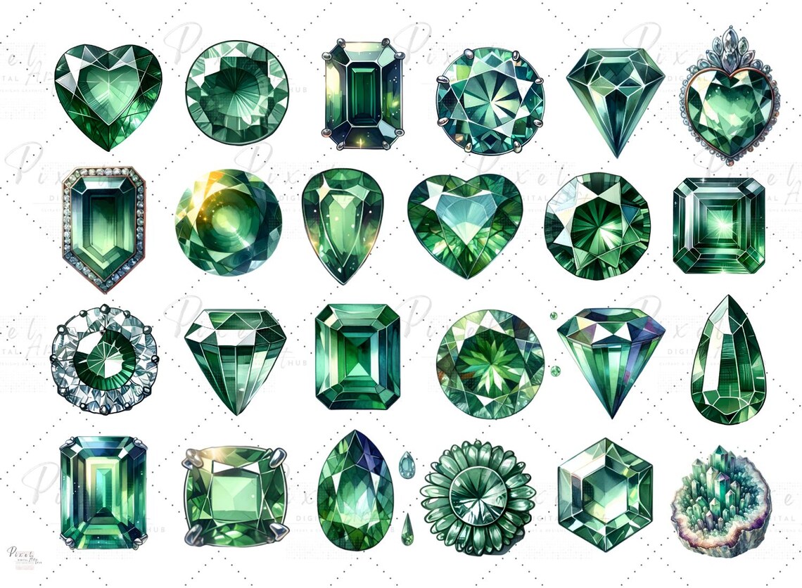 Emerald Gemstone Watercolor Clipart: Sparkling Green Gems (digital ...