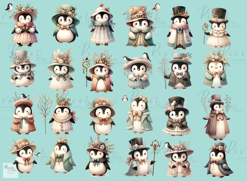 Watercolor Penguin Clipart: Victorian Fashion Pngs (digital Download ...