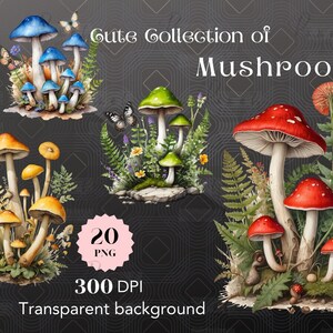 Watercolor Mushroom Clipart, 20 PNG File, Cute Mushrooms Group With ...
