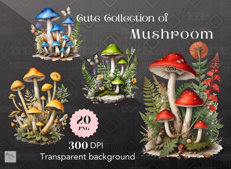Watercolor Mushroom Clipart, 20 PNG File, Cute Mushrooms Group With ...