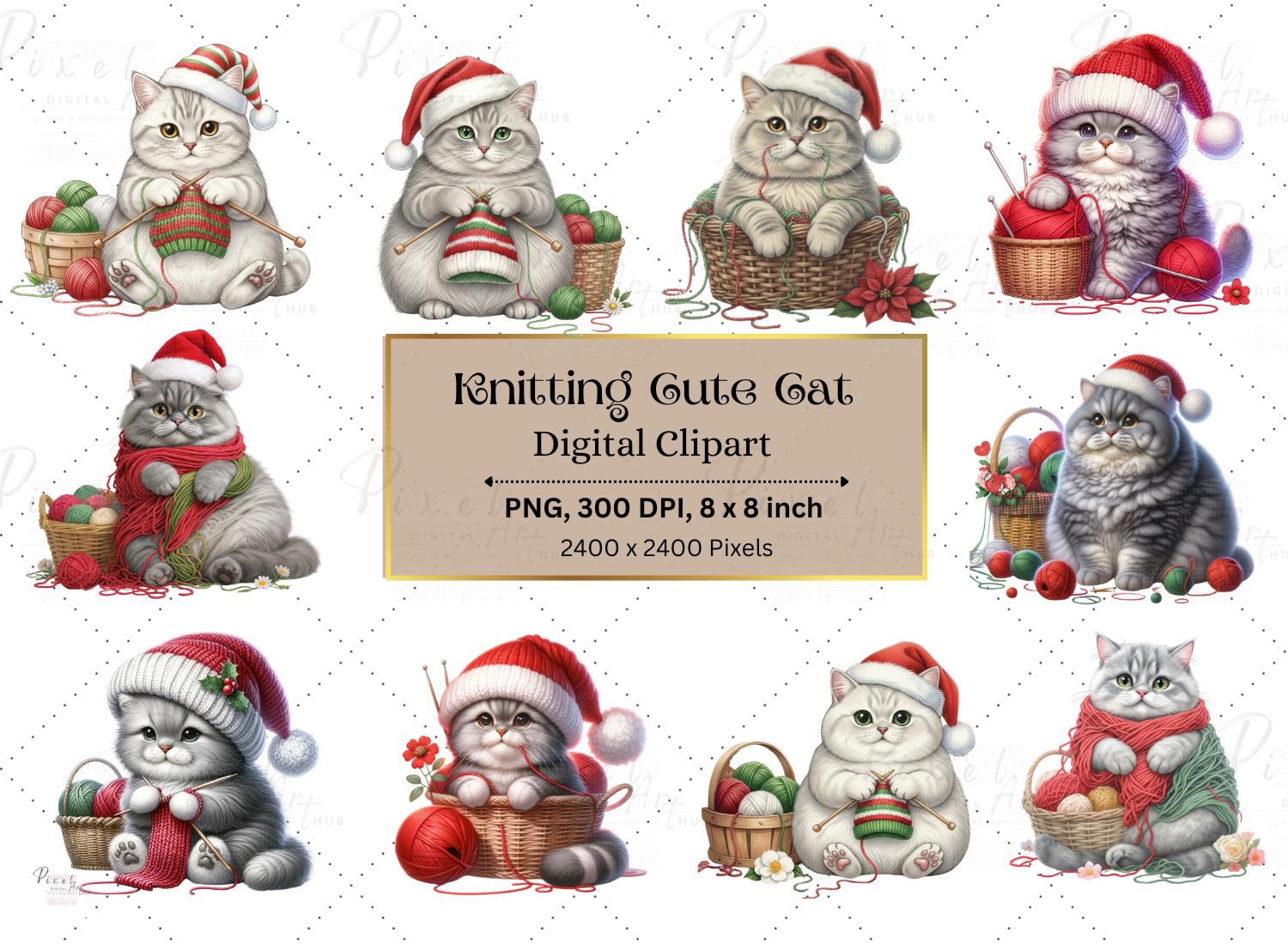 Watercolor Christmas Kitty Clipart: Knitting Cat PNG Files (digital ...