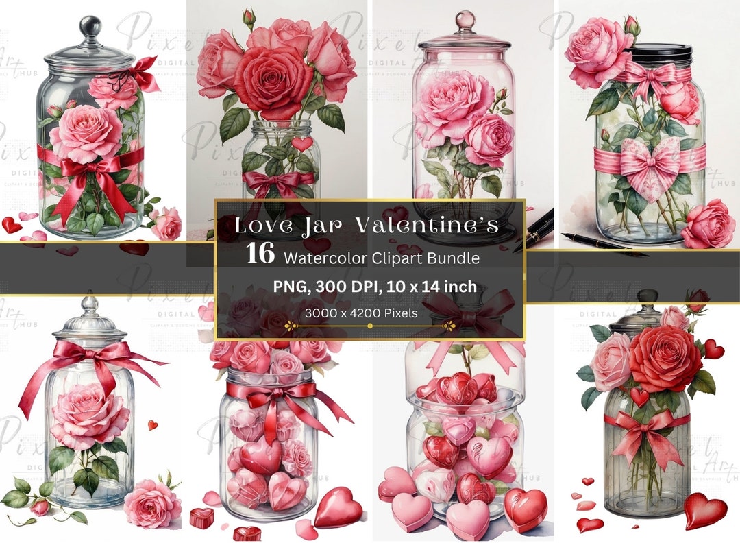 16 Valentines Roses in a Jar, Clip Art Bundle, File PNG, Digital Download, Clipart Valentine's ...