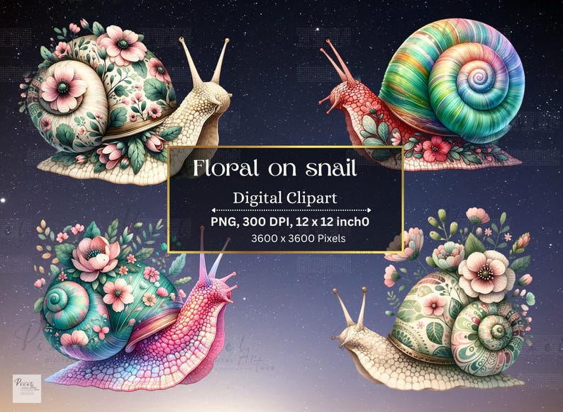 Floral Snail Clipart Watercolor, Pngs, Cute Snail, Fantasy Clipart ...
