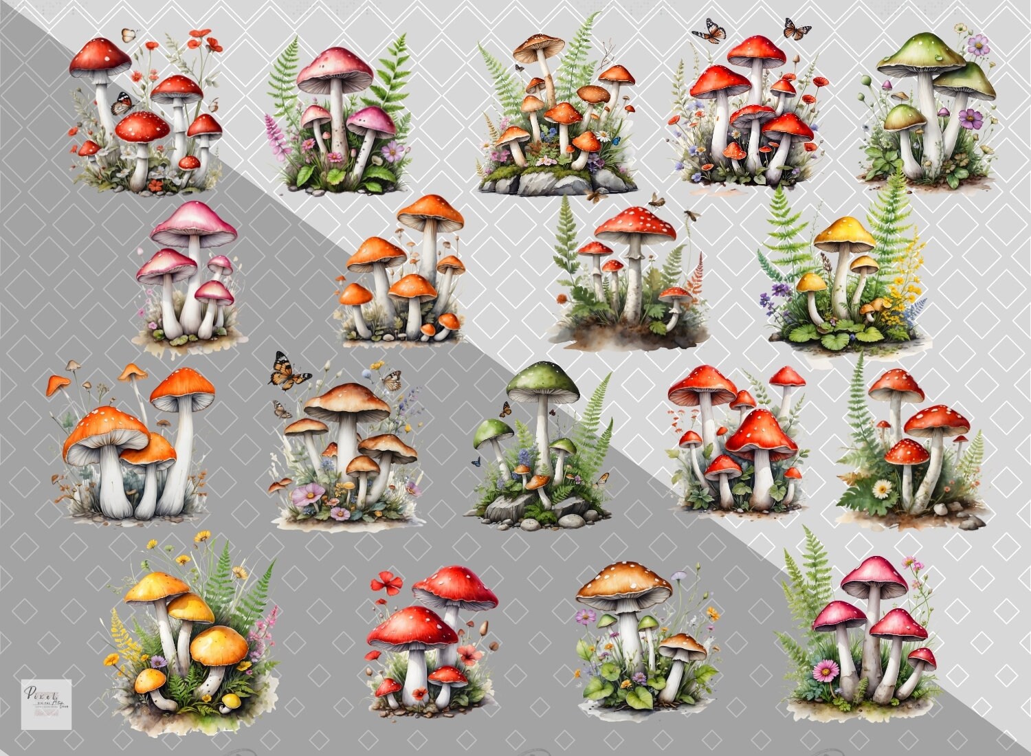 Watercolor Mushroom Clipart, File PNG Cute Mushrooms Group With Forest ...