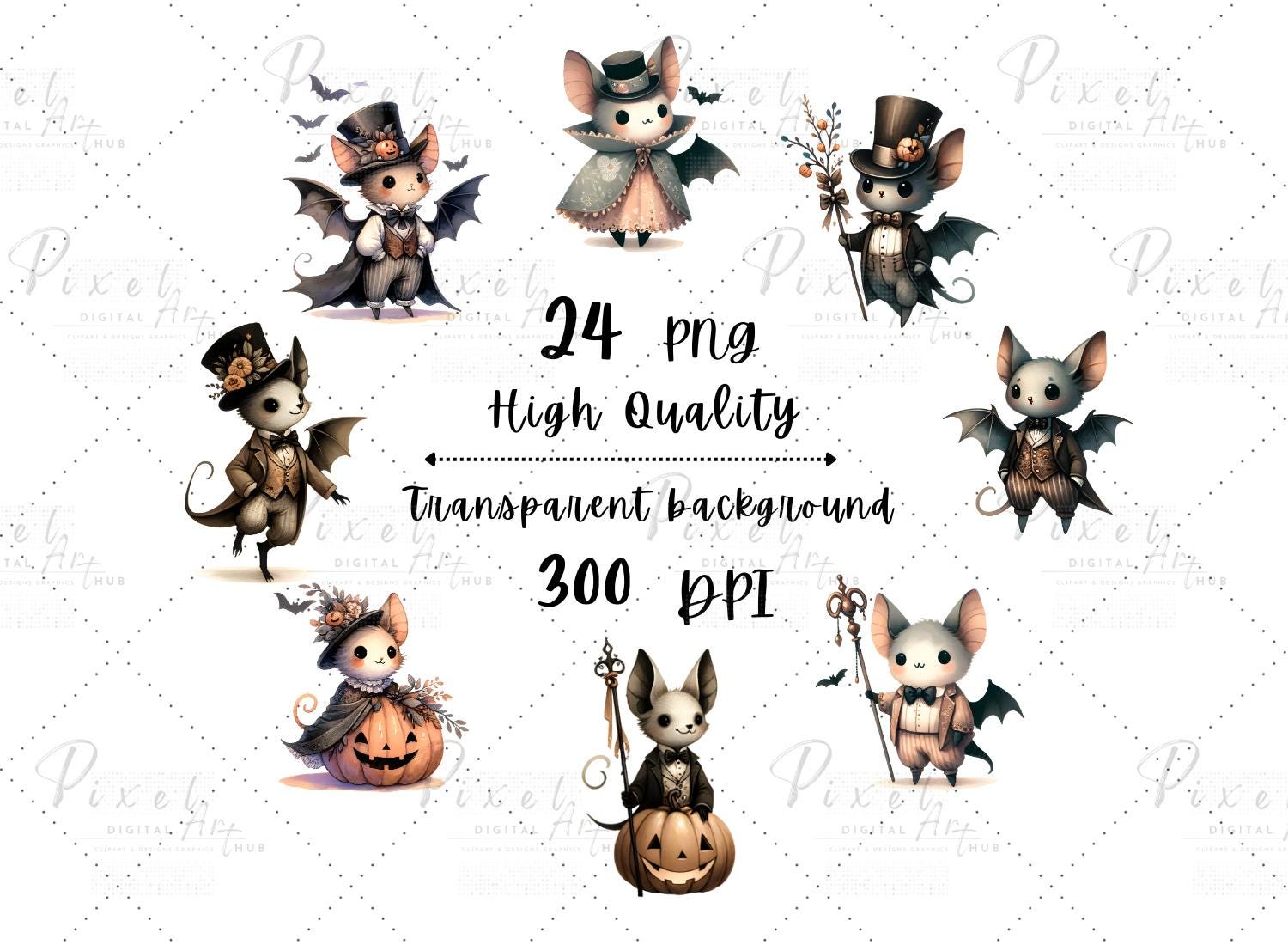 Watercolor Halloween Bats Clipart: 24 PNG Fantasy Bat Illustrations ...